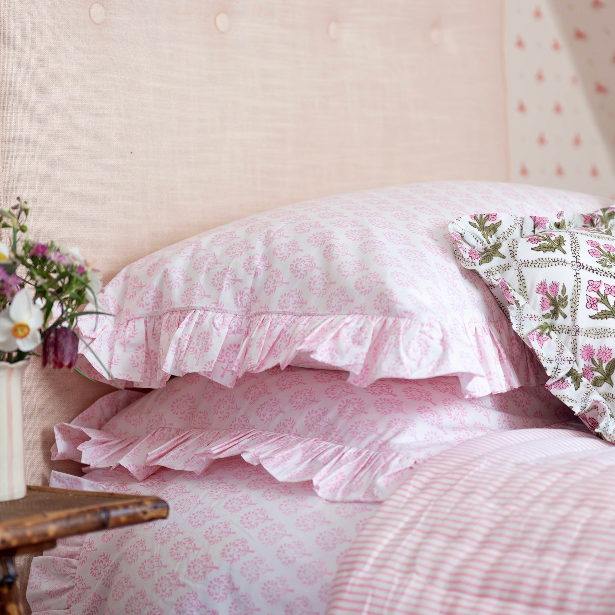 Pink Sprig Handblocked Frilled Pillowcase